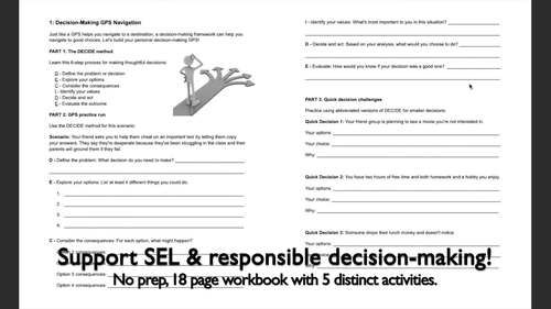 SEL Social Emotional Learning Activities Workbook Responsible Decision ...