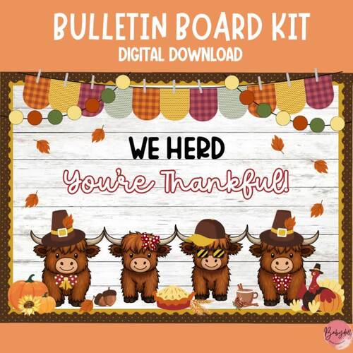 Thanksgiving Bulletin Board Kit Highland Cow Fall Classroom Decor ...
