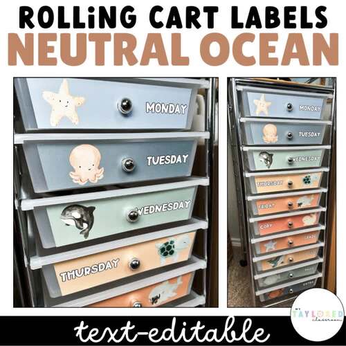 Neutral Ocean Rolling Cart Labels | EDITABLE | Modern Ocean Classroom Decor