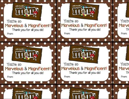 M&M's Staff/ Teacher Appreciation Tag- You're so marvelous and magnificent!