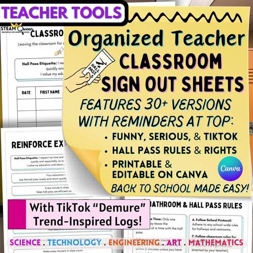 Bathroom Sign Out Sheet Editable Hall Pass Logs Middle School Back to ...