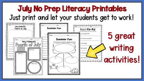 July First Grade No Prep Literacy Worksheet Packet + TpT EASEL Activity