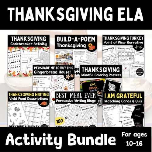 Thanksgiving BUNDLE of ELA Activities for Gratitude or Celebration