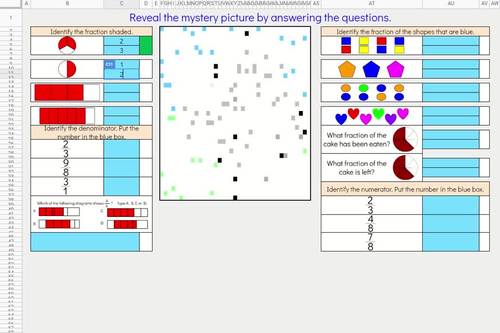 Digital Math Pixel Art Mystery Picture 3rd Grade 3.NF.1 - Fractions