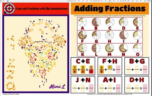 Adding Fractions with Like Denominators Pixel Art Activity - Self Checking