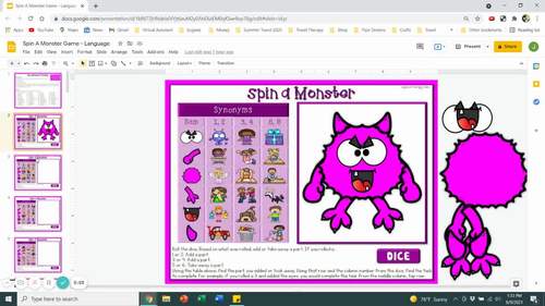 No Prep Google Slides™ Language Spin a Monster by Speech Therapy Plans