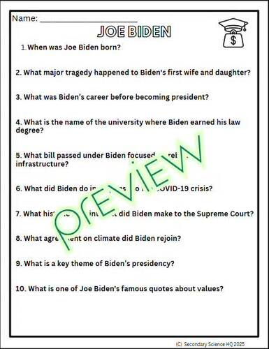Joe Biden US President Study Guide and Worksheet Coloring and 10 Questions