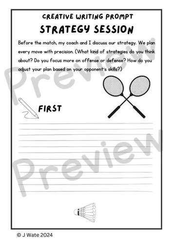 Badminton Sports Creative Writing Worksheet Activity Prompts Pack