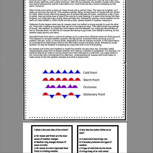 Air Masses & Weather Fronts Close Reading Comprehension Task Cards