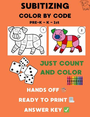 Subitizing Color by Code | Farm Animal Pigs | Dice Worksheets for PreK ...