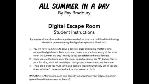 All Summer in a Day Digital Escape Room Ray Bradbury—Reading ...