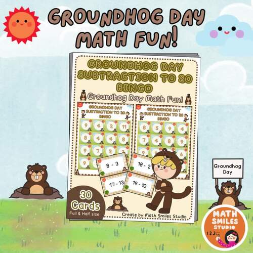 Groundhog Day Subtraction to 20 Bingo | Math Game 4x4 | 1st - 2nd Grade