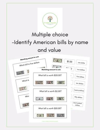 Money-Identify American bills WORKSHEETS-by name and value, multiple choice