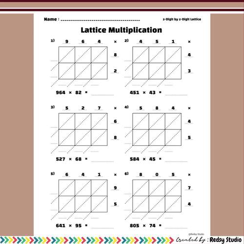 Lattice Multiplication 3 Digit by 2 Digit Worksheets - 50 Pages by ...