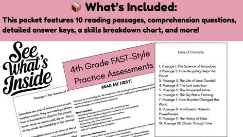 FAST 4th Grade Test Prep ELA Reading Practice Passages with Questions ...
