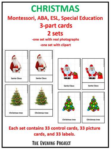 CHRISTMAS Montessori, ABA, ESL, Sp. Ed. 3-part cards by THE EVENING PROJECT