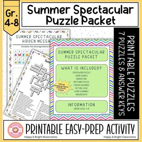 Summer Puzzle Pack for Middle School, Printable Logic Puzzles, Code ...