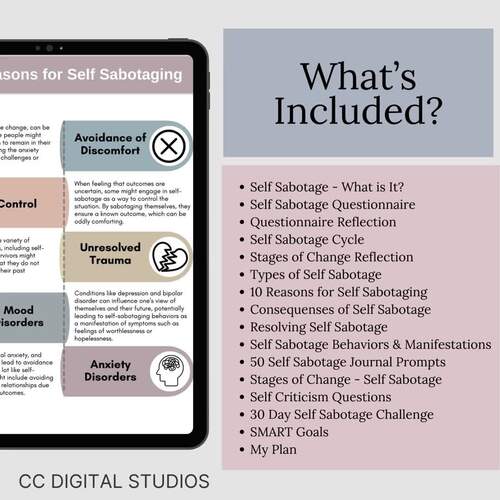 Self Sabotage Workbook, Inner Critic Therapy Worksheets, Self Love Journal