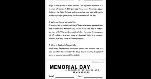Memorial Day Reading Comprehension Activities | Veterans & History ...