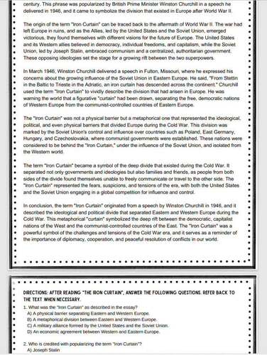 The Iron Curtain Reading Passage Worksheet | Comprehension & Writing Task