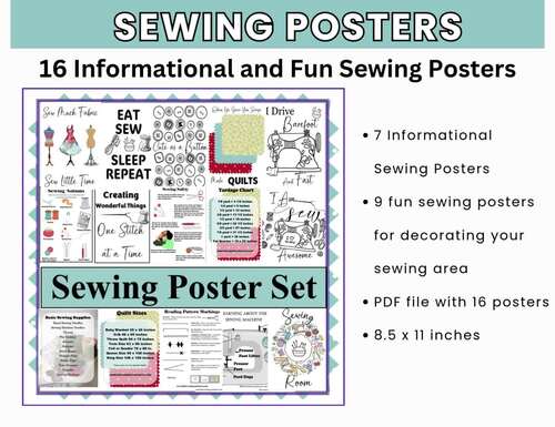Kids Sewing Posters Set- 16 Informational and Fun Sewing Posters