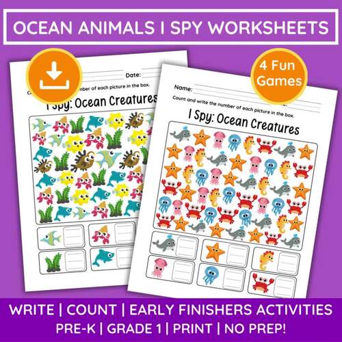 Fun I Spy Ocean Animals Activity Worksheets | Counting, Numbers, PreK ...