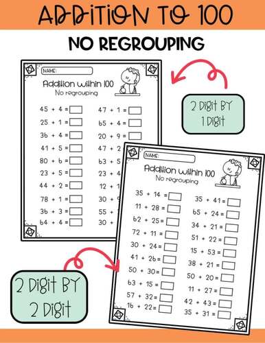 Addition within 100 worksheet | Addition without and with regrouping