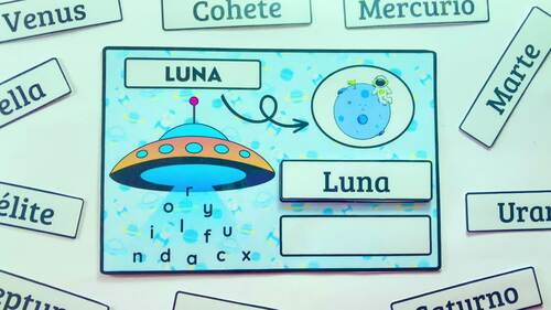 Spanish Tarjetas de lectoescritura - Vocabulario del espacio - Flashcards