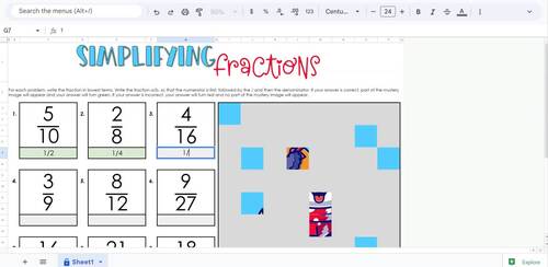 Simplifying Fractions Digital Mystery Puzzle Pixel Art | 4.NF.1 | 5.NF.1