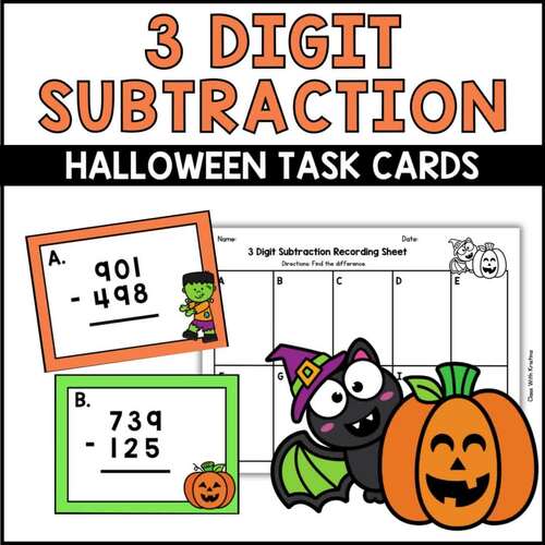 Halloween 3 Digit Subtraction Scoot Game Task Cards | 2nd Grade Math Center