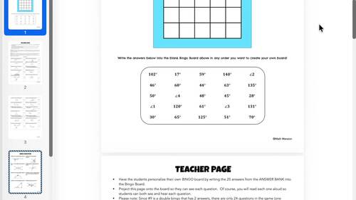 8th Grade Math Winter Activity Angle Relationships BINGO Review Game No ...