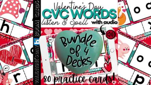 Valentines Day Kindergarten Activity: CVC Words BUNDLE of BOOM CARDS (4 ...