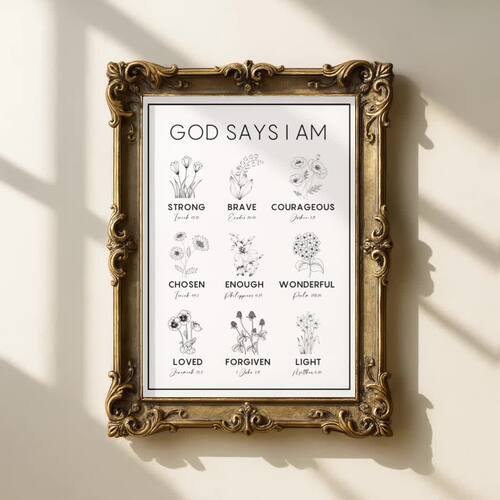 God Says I Am Christian Affirmations Poster, Wildflower Botanical ...