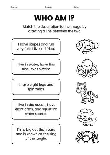 Who am I? Learning about animals from riddles worksheet by TANDPSTUDIO