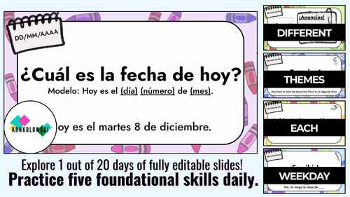 SPANISH 1 WARM UPS (El Horario/Las Clases) | 20 Days of Editable Slides ...