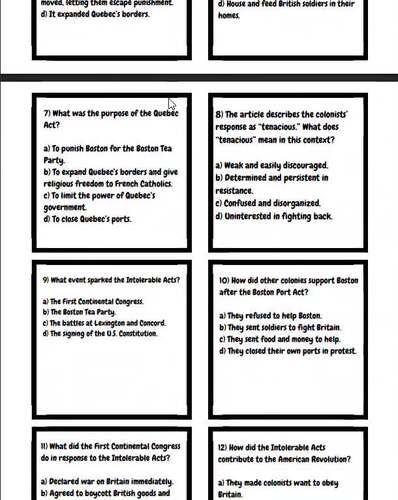 The Intolerable Acts Close Reading Comprehension Task Cards by A Dads ...