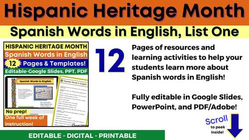 Hispanic Heritage Month Activities, Spanish Vocabulary Words in English ...