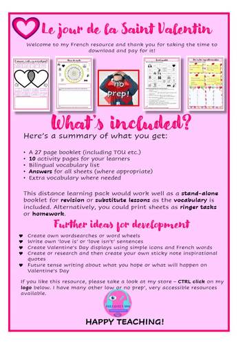 FRENCH FSL Valentine's Day Work Packet 4 La Saint-Valentin | TPT