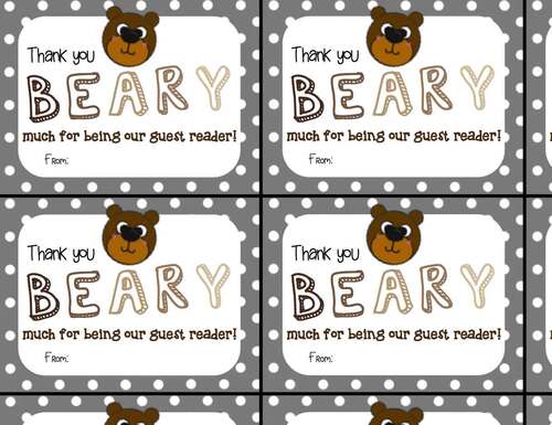 Teddy Grahams (Bear-Themed) Guest Reader Appreciation Gift Tag- Thank ...