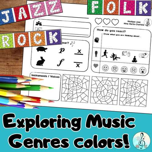 Exploring Music Genres: listening & coloring worksheets + editable posters