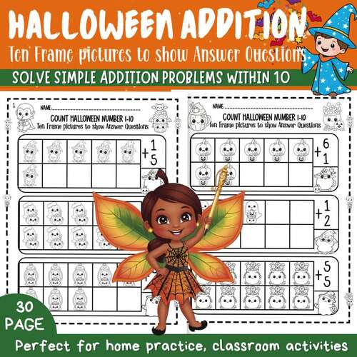 Halloween Ten Frame Addition Worksheets | Count and Add Within 10 Using Fun