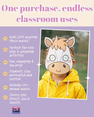 50 Animal Masks | Printable Animal Masks for Kids | ESL by Say it out loud