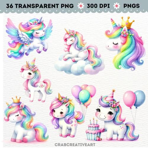 Rainbow Unicorn Clipart, Cute Unicorn PNG, Unicorn Birthday Party Clip Art