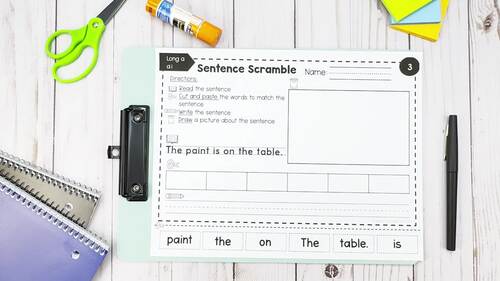 Sentence Scramble Cut and Paste Long Vowel a spelled ai No Prep ...