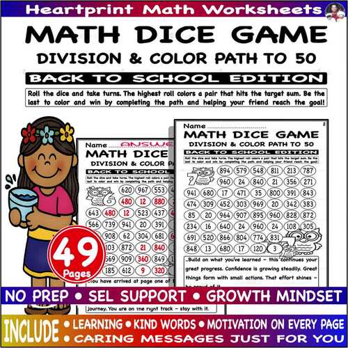 Race to 50 Division math dice game to color parth Quick Start Step Joy ...