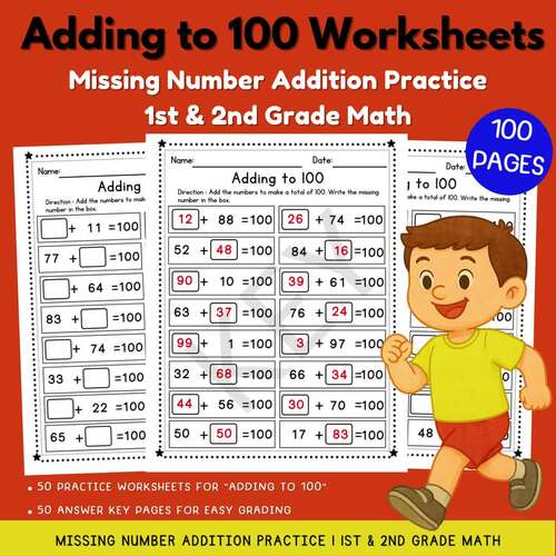 Adding to 100 Worksheets | Missing Number Addition Practice | 1st & 2nd ...