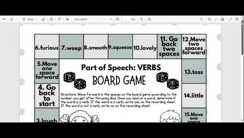 Parts of Speech Verbs Board Game by Heart Of A Teacher 242 | TPT
