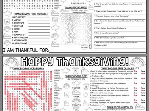 Thanksgiving Placemat Activity Student Staff Thanksgiving Party Activity