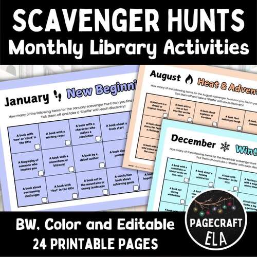 Monthly Scavenger Hunts for Libraries with Editable Year-Round Printables