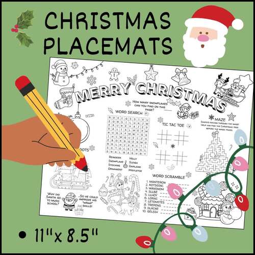 Christmas Coloring Placemat | Kids Holiday Activity Mat | Word Search ...